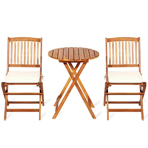 Giantex 3Pcs Patio Bistro Set, Wood Folding Table Set, 2 Cushioned Chairs for Garden Yard, Outdoor Furniture Round Table (Natural & Beige)