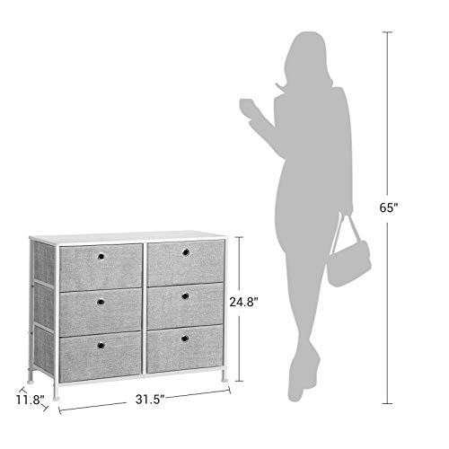 SONGMICS 3-Tier, Storage Dresser with 6 Easy Pull Fabric Drawers and Wooden Tabletop for Closets, Nursery, Dorm Room, 31.5" L x 11.8" W x 24.8" H, Light Grey and White ULTS23W