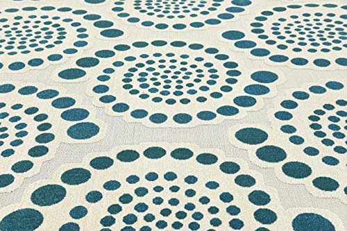 Unique Loom Modern Collection Geometric, Contemporary, Circles, Swirls, High-Low Pile, Indoor and Outdoor Area Rug, 7 ft x 10 ft, Ivory/Teal