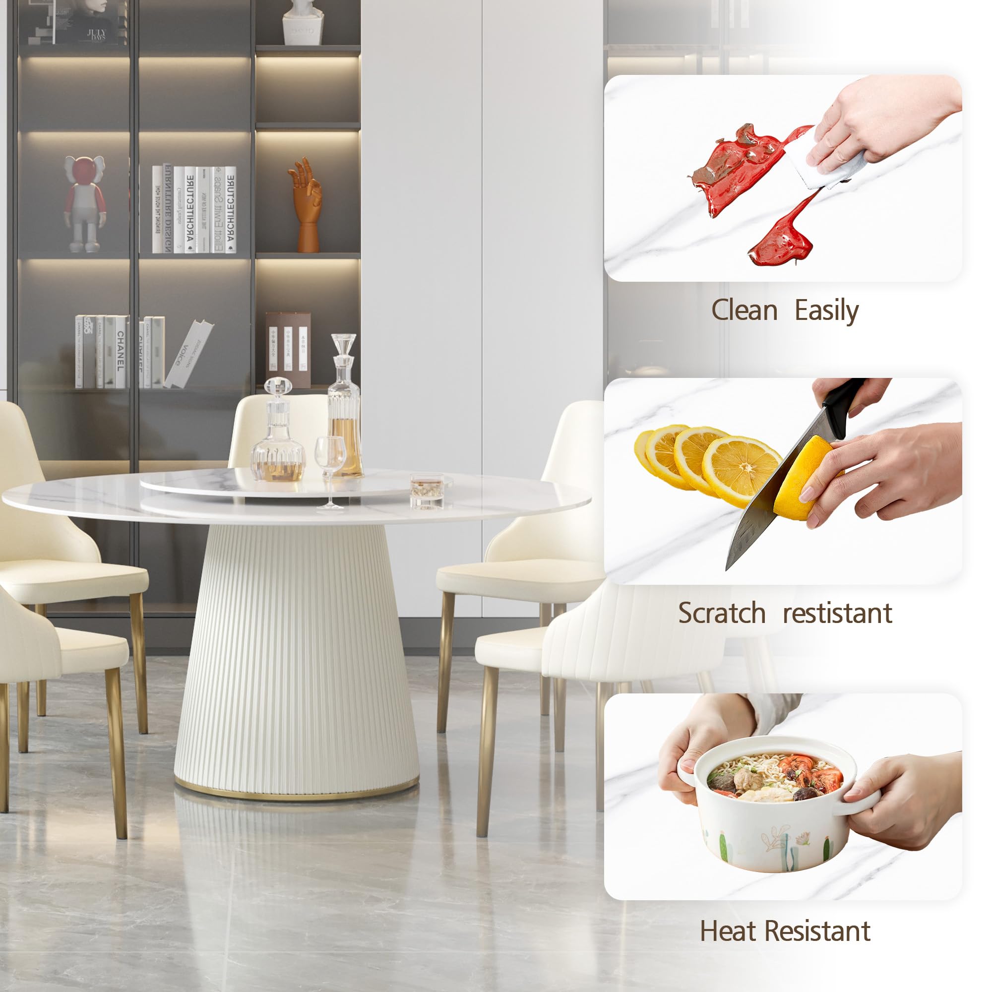 59'' Round Marble Dining Table for 6,Modern White Marble Sintered Stone Round Kitchen Table with Lazy Susan,Faux Marble Dining Table with Solid Wood Pedestal,Wrapped in PU Leather(Only Table)