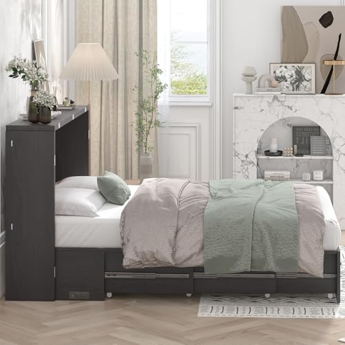Mjkone Murphy Bed Cabinet Queen with Foldable High Elasticity Mattress, Cube Cabinet Bed with USB Charging Station, Solid Wood Chest Bed for Bedroom Guest Room Office (Gray, Cabinet Bed A)