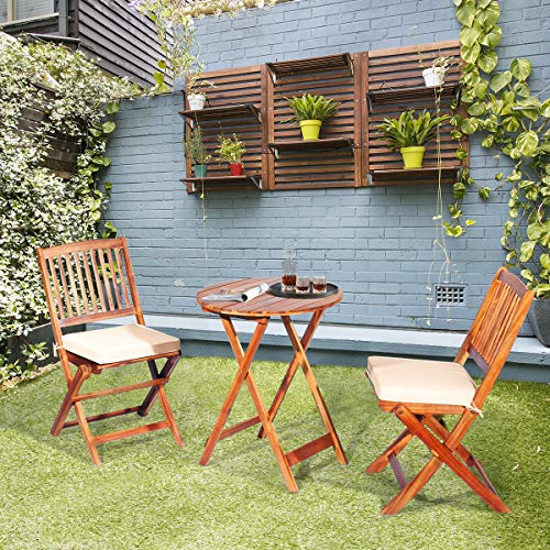 Giantex 3Pcs Patio Bistro Set, Wood Folding Table Set, 2 Cushioned Chairs for Garden Yard, Outdoor Furniture Round Table (Natural & Beige)