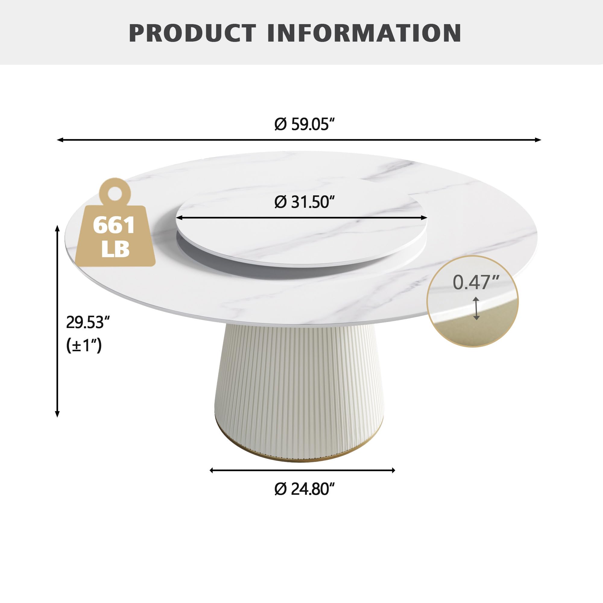 59'' Round Marble Dining Table for 6,Modern White Marble Sintered Stone Round Kitchen Table with Lazy Susan,Faux Marble Dining Table with Solid Wood Pedestal,Wrapped in PU Leather(Only Table)