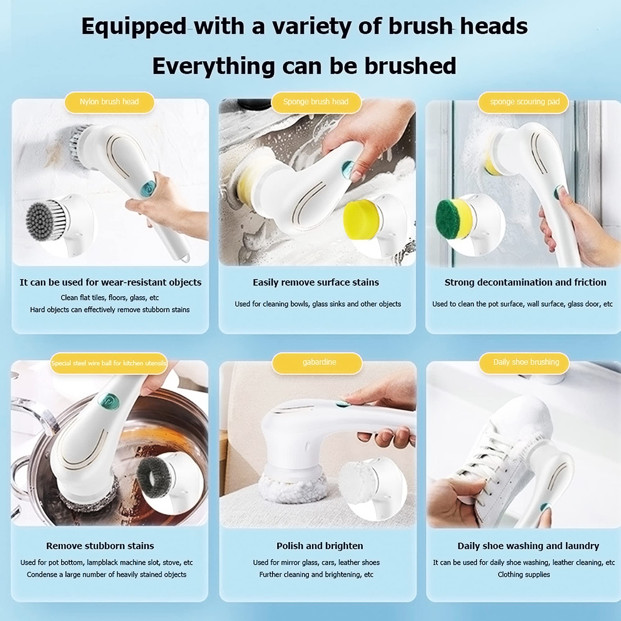 ZZ Life Electric Scrubber, Handheld Cleaning Brush, Includes 5 Replaceable Heads, Bathroom, Kitchen, Floor, Dish, Shoe, Glass - Multifunctional Home Accessory