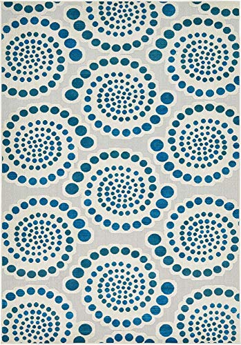 Unique Loom Modern Collection Geometric, Contemporary, Circles, Swirls, High-Low Pile, Indoor and Outdoor Area Rug, 7 ft x 10 ft, Ivory/Teal