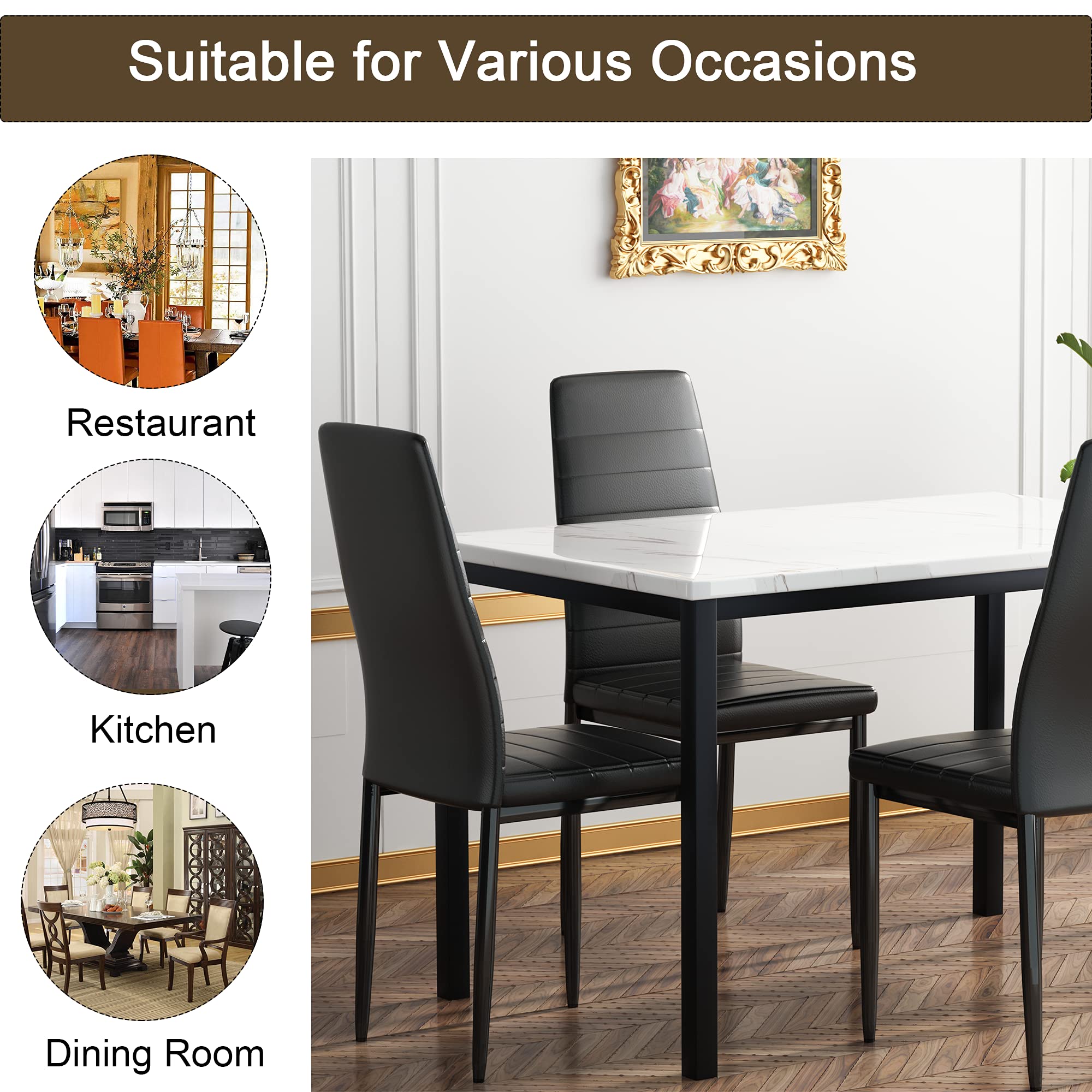 AWQM 5 Pieces Dining Table Set, Kitchen Table Set with Faux Marble Top Table and 4 Faux Leather Upholstered Chairs for Kitchen, Breakfast Nook, Dining Room, White+Black