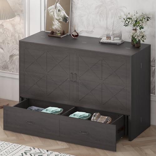 Mjkone Murphy Bed Cabinet Queen with Foldable High Elasticity Mattress, Cube Cabinet Bed with USB Charging Station, Solid Wood Chest Bed for Bedroom Guest Room Office (Gray, Cabinet Bed A)