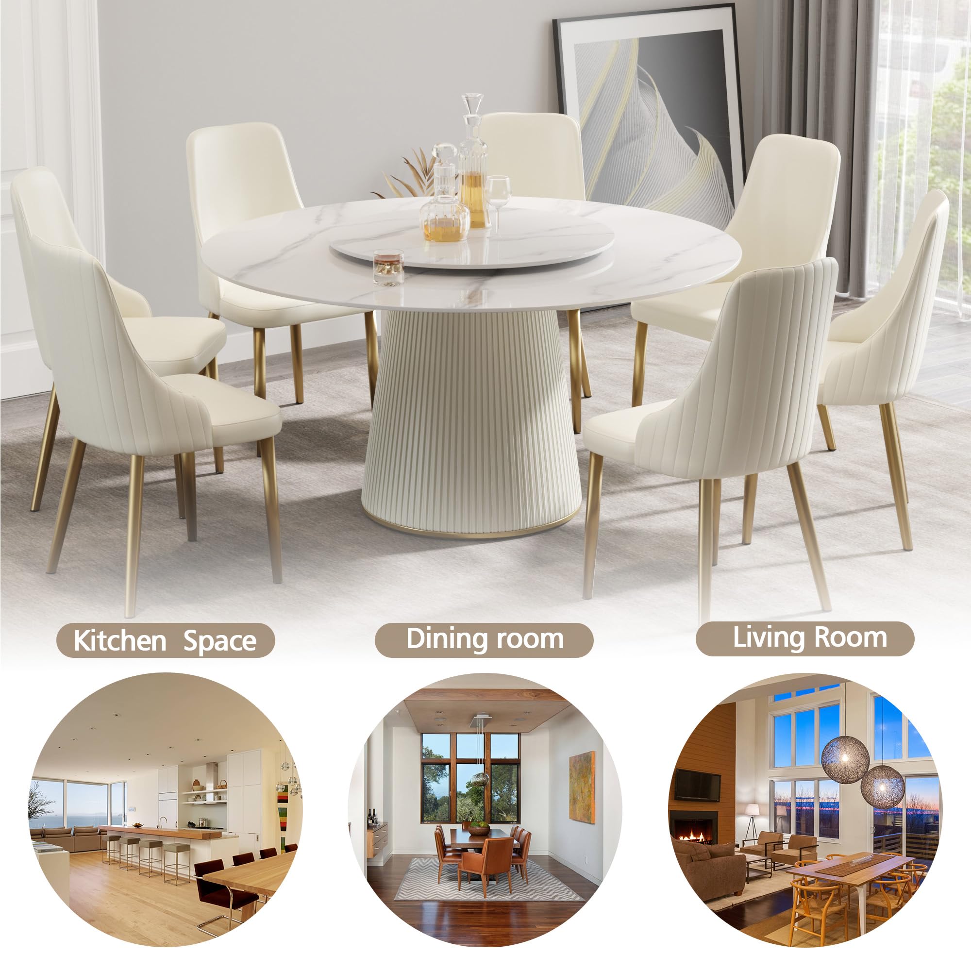 59'' Round Marble Dining Table for 6,Modern White Marble Sintered Stone Round Kitchen Table with Lazy Susan,Faux Marble Dining Table with Solid Wood Pedestal,Wrapped in PU Leather(Only Table)