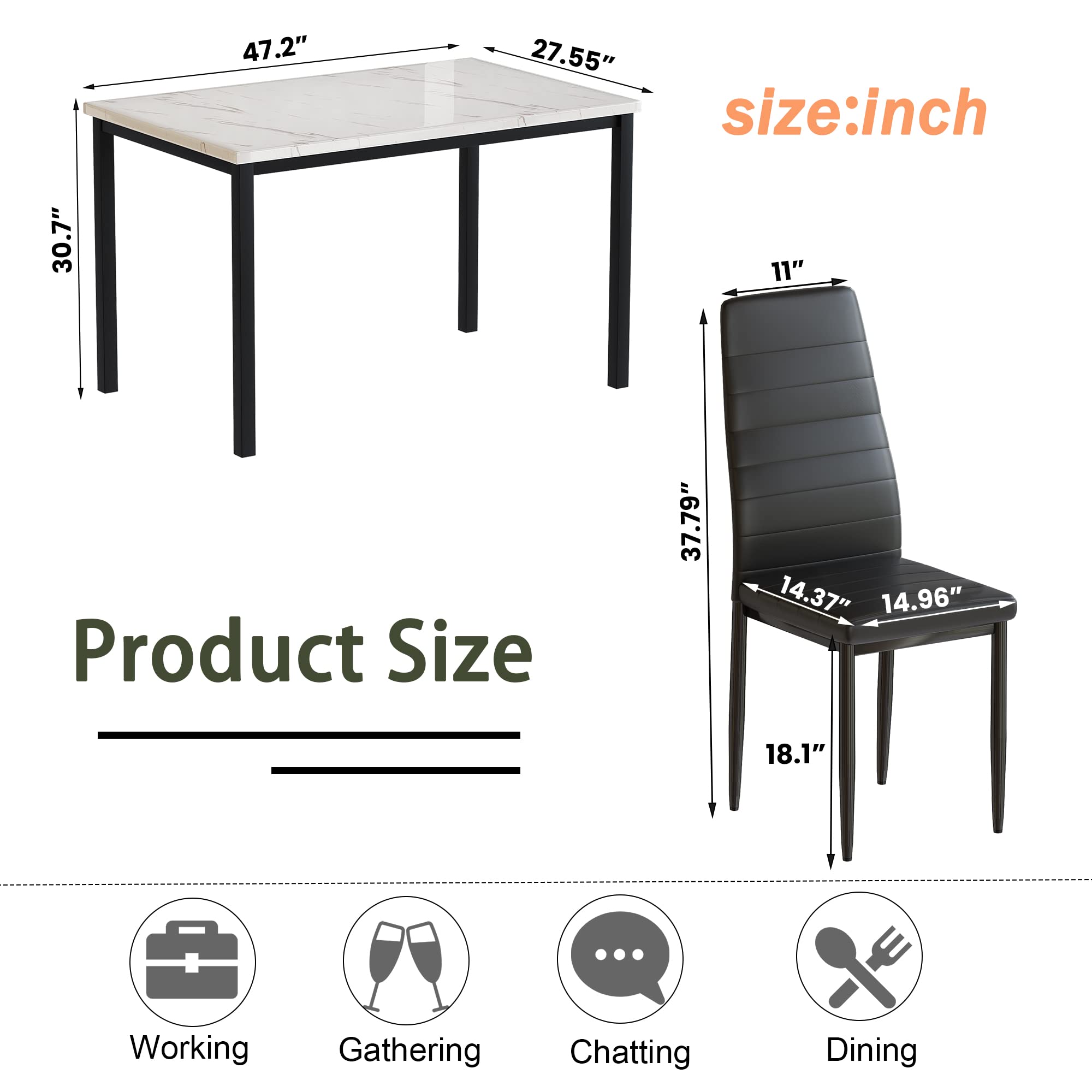 AWQM 5 Pieces Dining Table Set, Kitchen Table Set with Faux Marble Top Table and 4 Faux Leather Upholstered Chairs for Kitchen, Breakfast Nook, Dining Room, White+Black