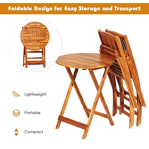 Giantex 3Pcs Patio Bistro Set, Wood Folding Table Set, 2 Cushioned Chairs for Garden Yard, Outdoor Furniture Round Table (Natural & Beige)
