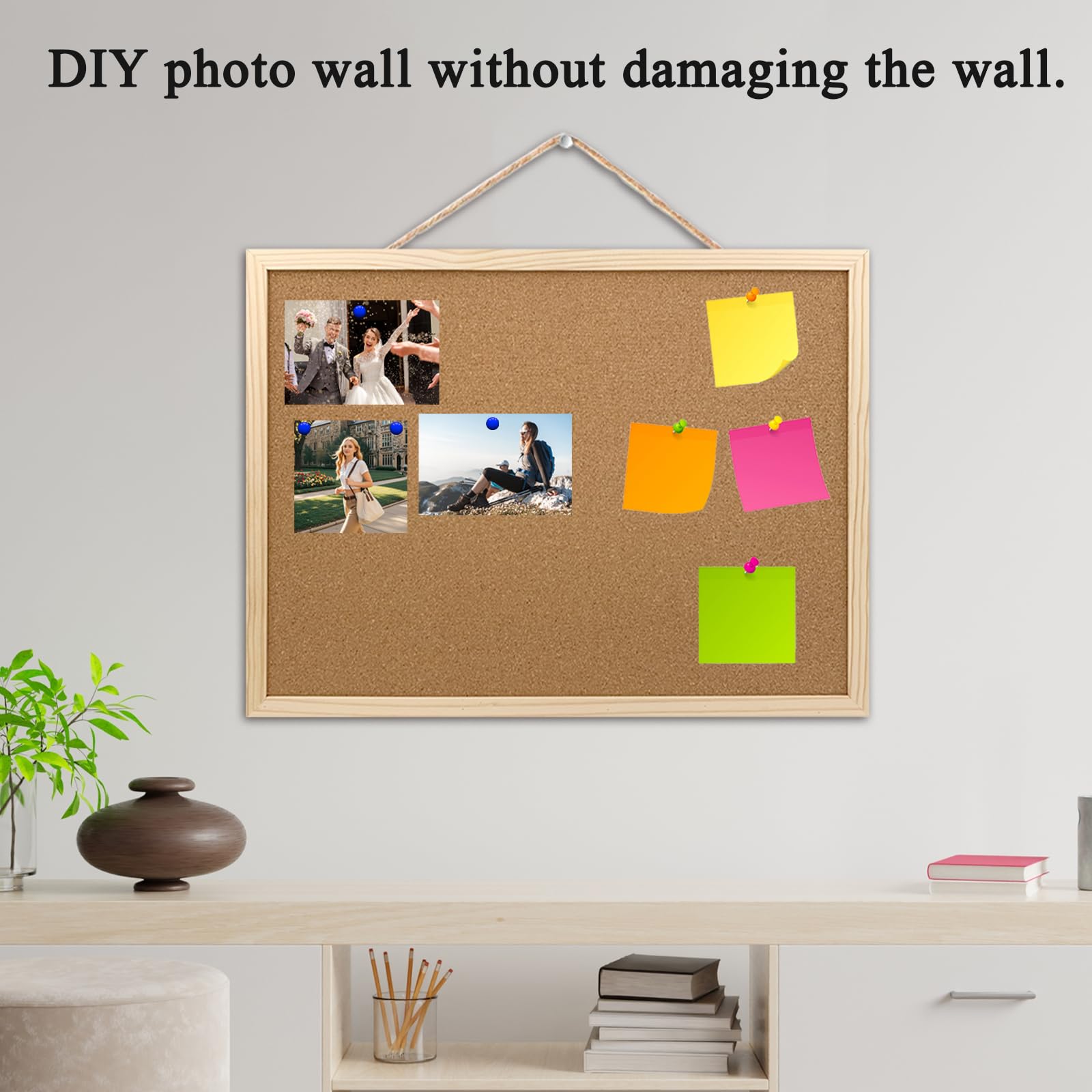 Cork Board Bulletin Board, 15.7"X 12" pin Boards for Walls, Oak Wood Finish Frame, Wall Mounted Cork Board for Office Home and School(Pins, Eye Bolts, gaskets, Screws)