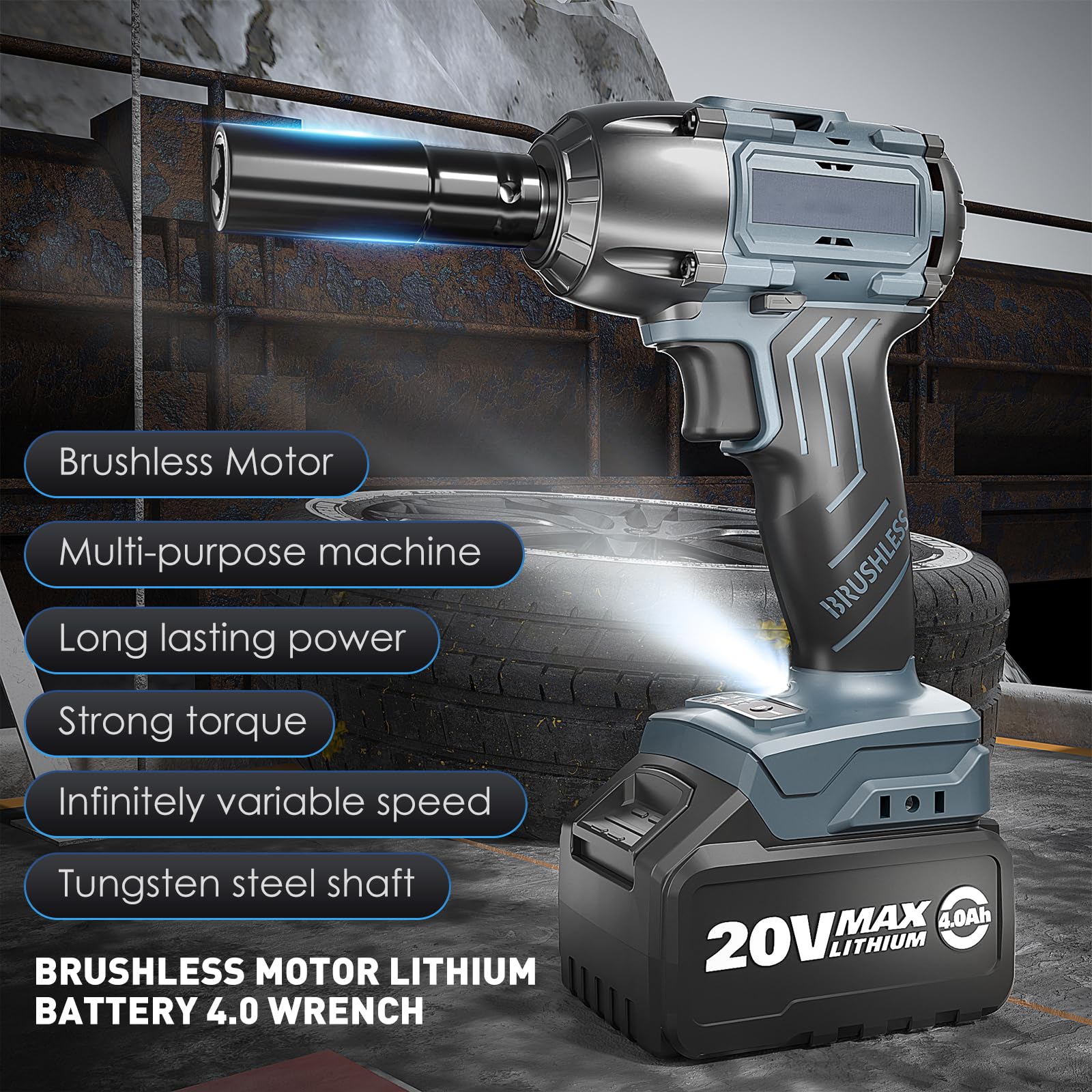 WSSEY 1/2 Inch Cordless Impact Wrench with 4.0Ah Battery, 4000mAh Capacity, 2800-2300 RPM Speeds, Ergonomic Handle, LED Work Light, Metal Hook for Hanging