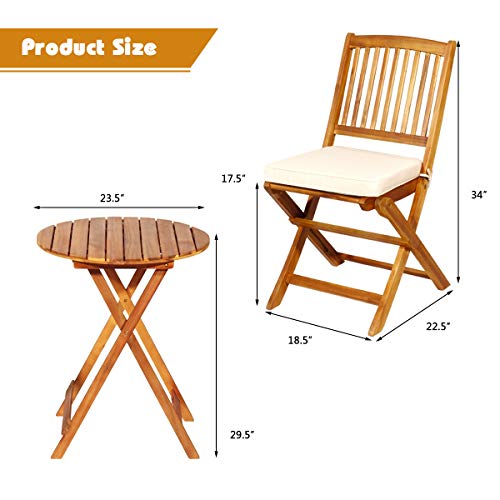 Giantex 3Pcs Patio Bistro Set, Wood Folding Table Set, 2 Cushioned Chairs for Garden Yard, Outdoor Furniture Round Table (Natural & Beige)