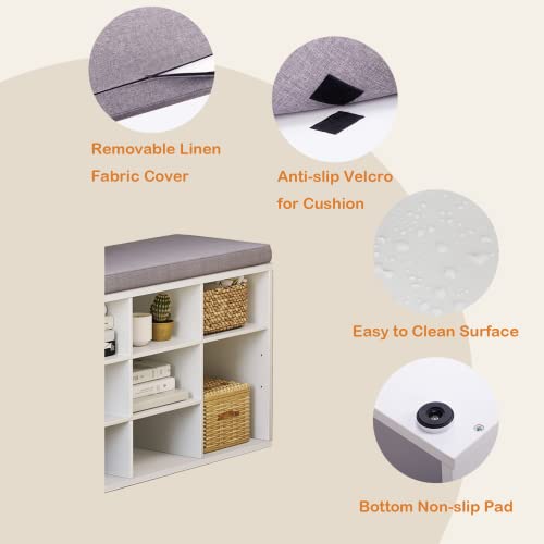 DINZI LVJ Shoe Storage Bench with Cushion, Cubby Shoe Rack with 12 Cubbies, Adjustable Shelves, Multifunctional Shoe Organizer Bench for Entryway, Mudroom, Hallway, Closet and Garage, White