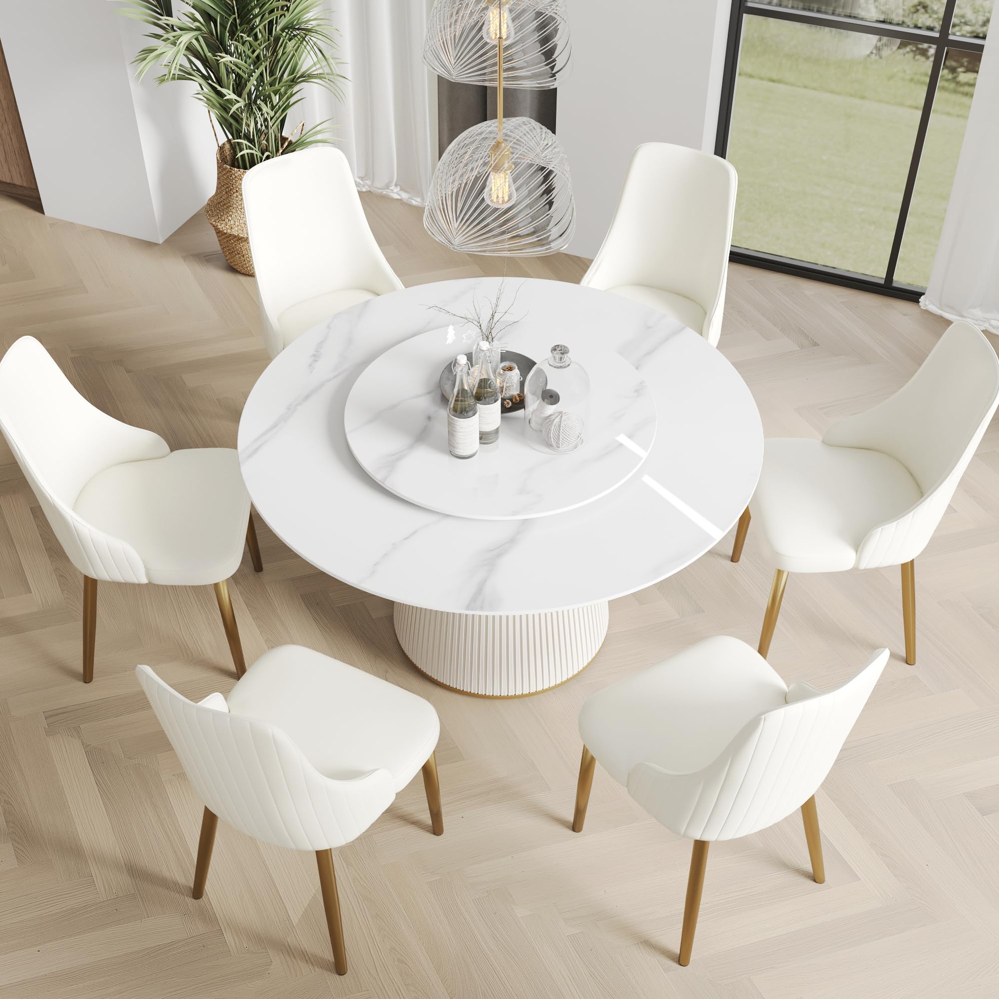59'' Round Marble Dining Table for 6,Modern White Marble Sintered Stone Round Kitchen Table with Lazy Susan,Faux Marble Dining Table with Solid Wood Pedestal,Wrapped in PU Leather(Only Table)