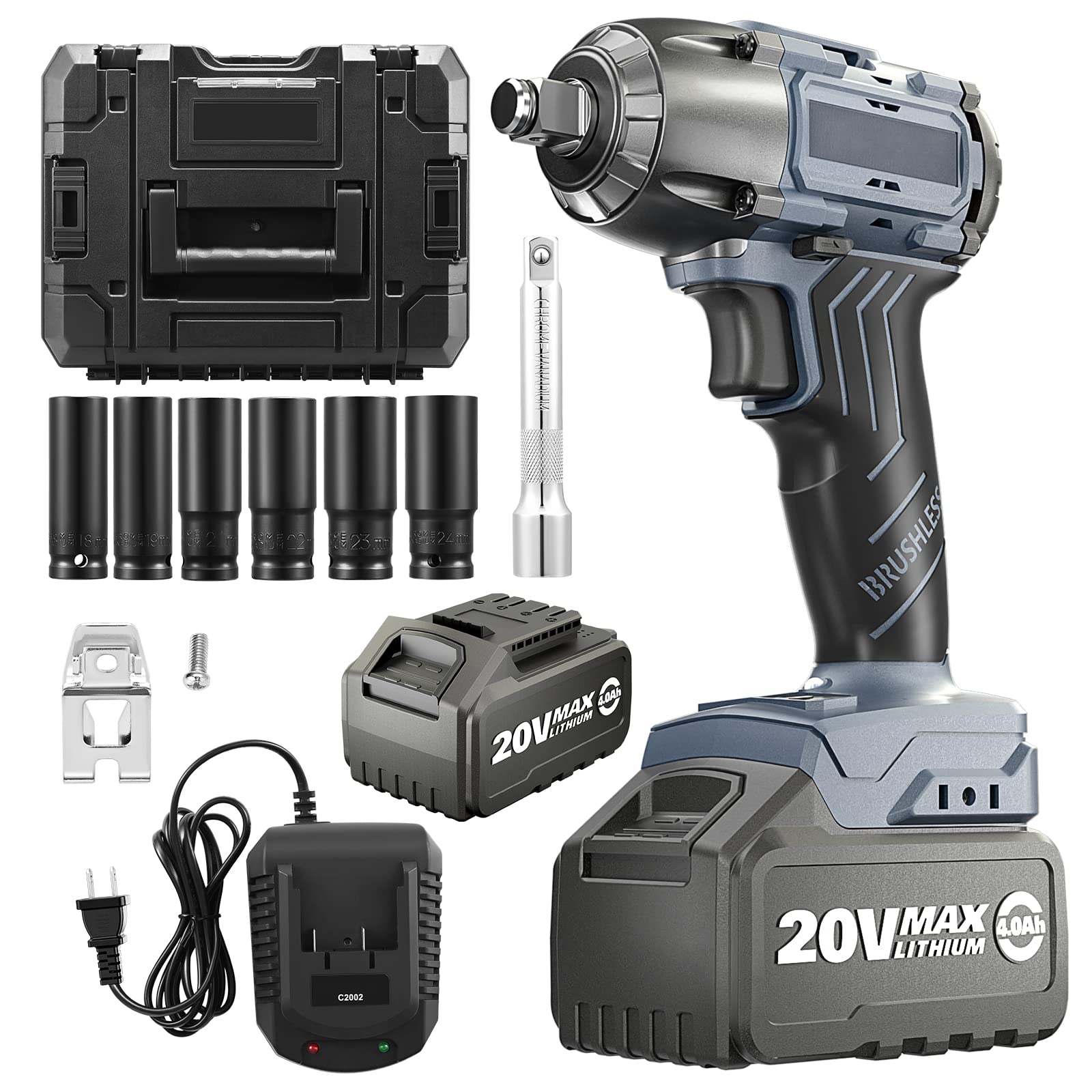 WSSEY 1/2 Inch Cordless Impact Wrench with 4.0Ah Battery, 4000mAh Capacity, 2800-2300 RPM Speeds, Ergonomic Handle, LED Work Light, Metal Hook for Hanging