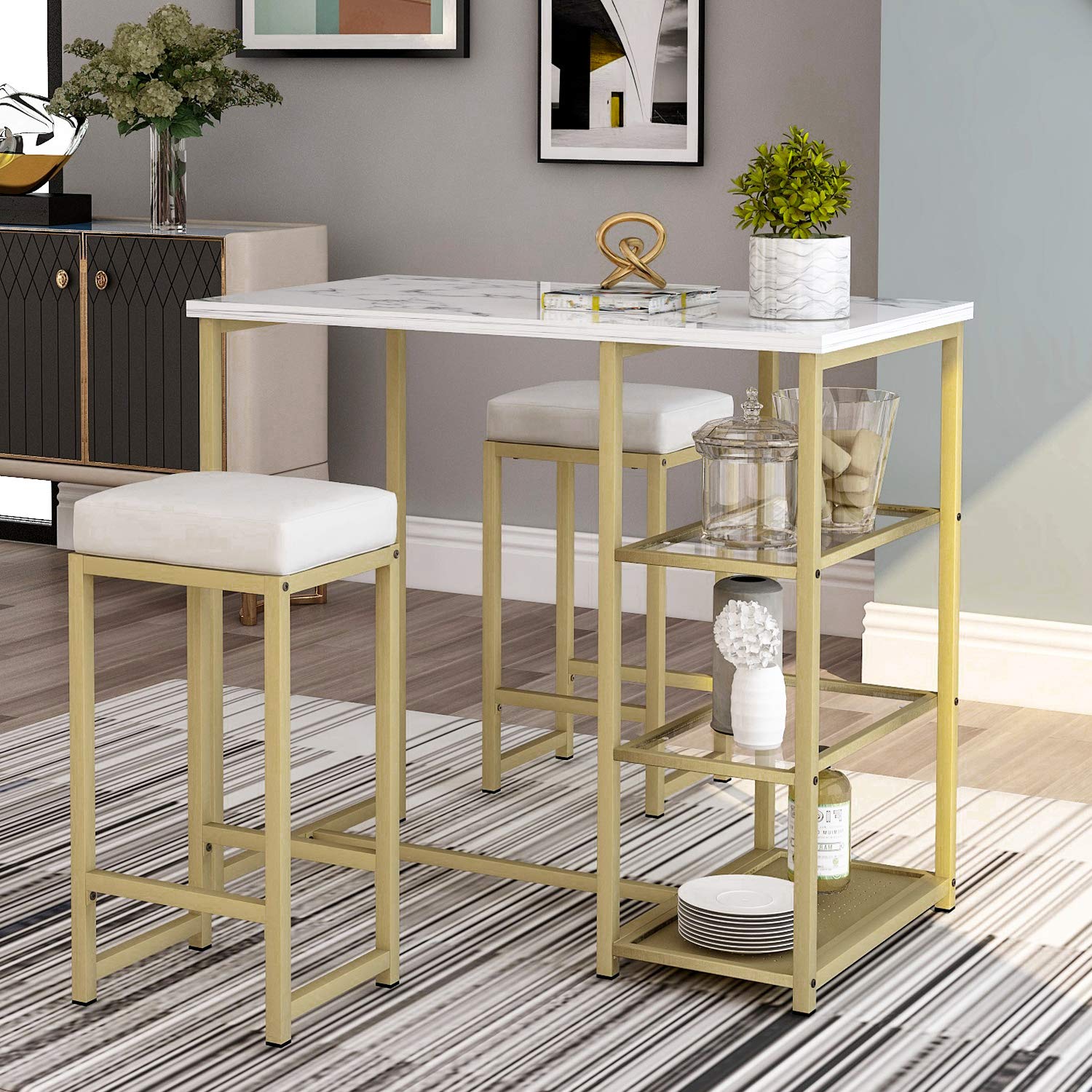 Tiophome Dining Modern Faux Marble Countertop Stools/Storage Shelves, Breakfast Table Chair Home Kitchen Bistro, Living Room Furniture (White/Gold), 3-Piece Bar Pub Set