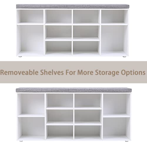 DINZI LVJ Shoe Storage Bench with Cushion, Cubby Shoe Rack with 12 Cubbies, Adjustable Shelves, Multifunctional Shoe Organizer Bench for Entryway, Mudroom, Hallway, Closet and Garage, White