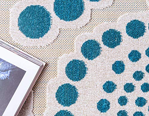 Unique Loom Modern Collection Geometric, Contemporary, Circles, Swirls, High-Low Pile, Indoor and Outdoor Area Rug, 7 ft x 10 ft, Ivory/Teal