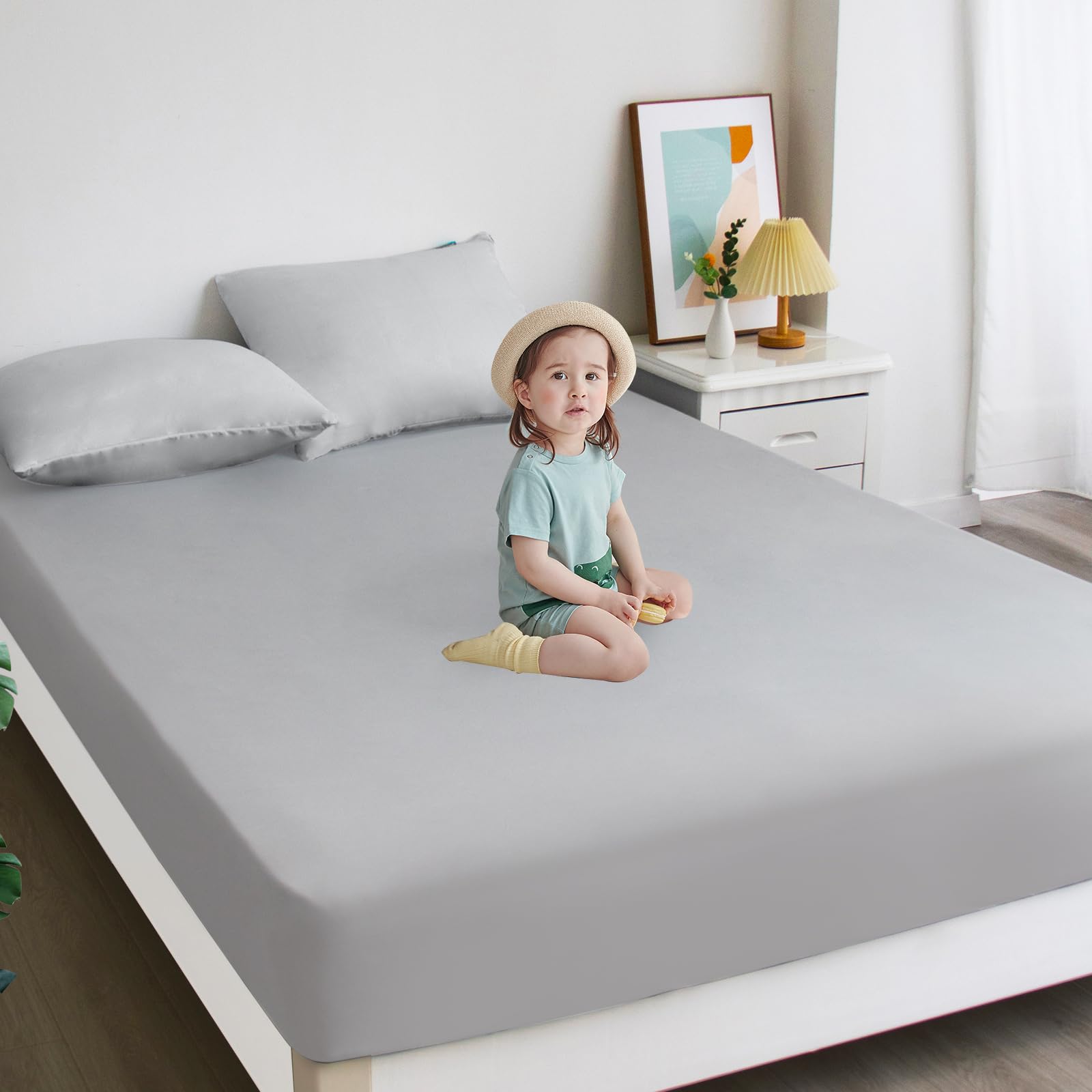 2 Pack Queen Fitted Sheet, Queen Bedding Fitted Sheet Only with Deep Pocket up to 14", Bottom Sheet, Shrinkage & Stain Resistant Fitted Sheet for Queen Size Bed, Wrinkle Free & Easy Care, Grey
