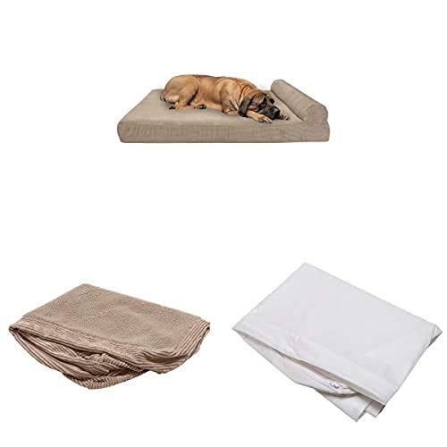 Furhaven Pet Bundle - Jumbo Plus Sandstone Orthopedic Fleece & Corduroy Chaise Lounge, Extra Dog Bed Cover, & Water-Resistant Mattress Liner for Dogs & Cats