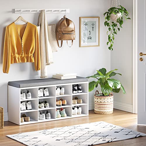DINZI LVJ Shoe Storage Bench with Cushion, Cubby Shoe Rack with 12 Cubbies, Adjustable Shelves, Multifunctional Shoe Organizer Bench for Entryway, Mudroom, Hallway, Closet and Garage, White