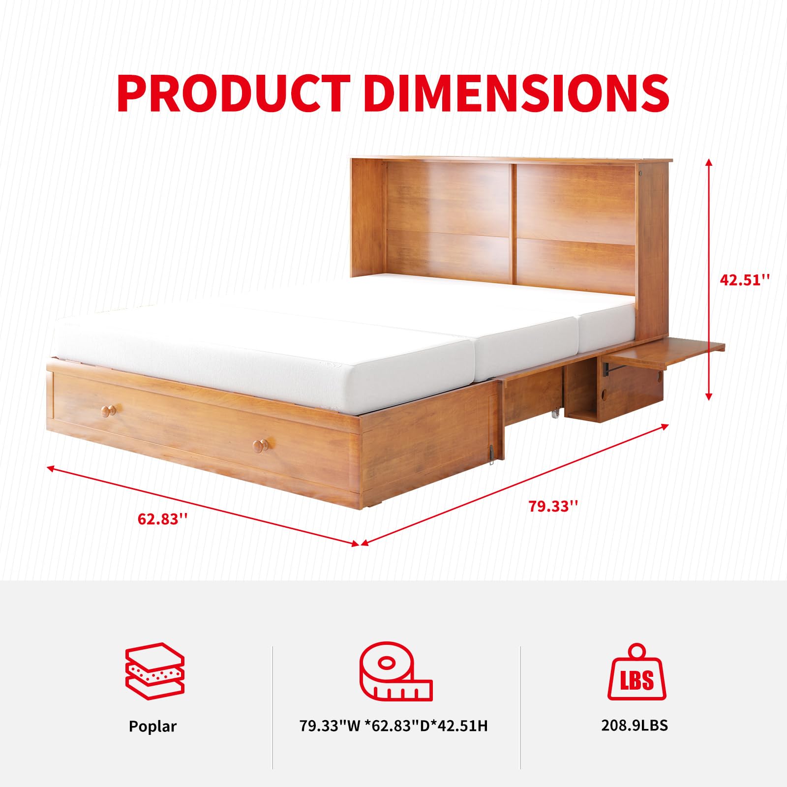 MUZZ Queen Size Cabinet Murphy Bed, Murphy Bed with Foldable Foam Mattress, Space-Saving Cube Murphy Bed with Charging Station and Large Storage Drawer (Cherry)