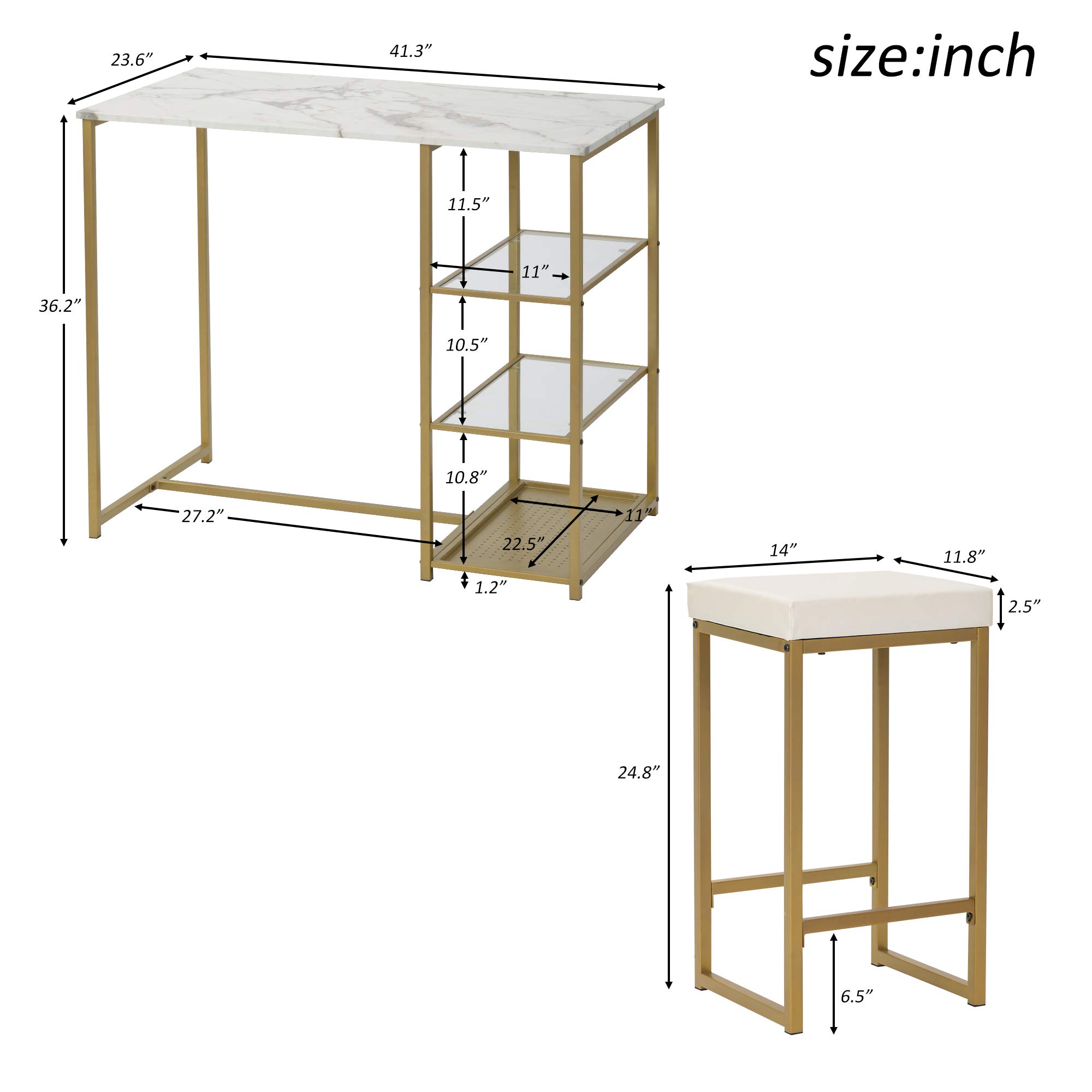 Tiophome Dining Modern Faux Marble Countertop Stools/Storage Shelves, Breakfast Table Chair Home Kitchen Bistro, Living Room Furniture (White/Gold), 3-Piece Bar Pub Set