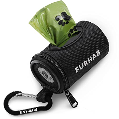 FURHAB Dog Poop Bag Holder Doggie Waste Bag Dispenser for Leash 1680D Nylon Oxford Small Zipper Pouch with Carabiner Clip for Belt Bone-Shaped Opening Portable Set with 1 Roll of Pet Trash Bags, Black
