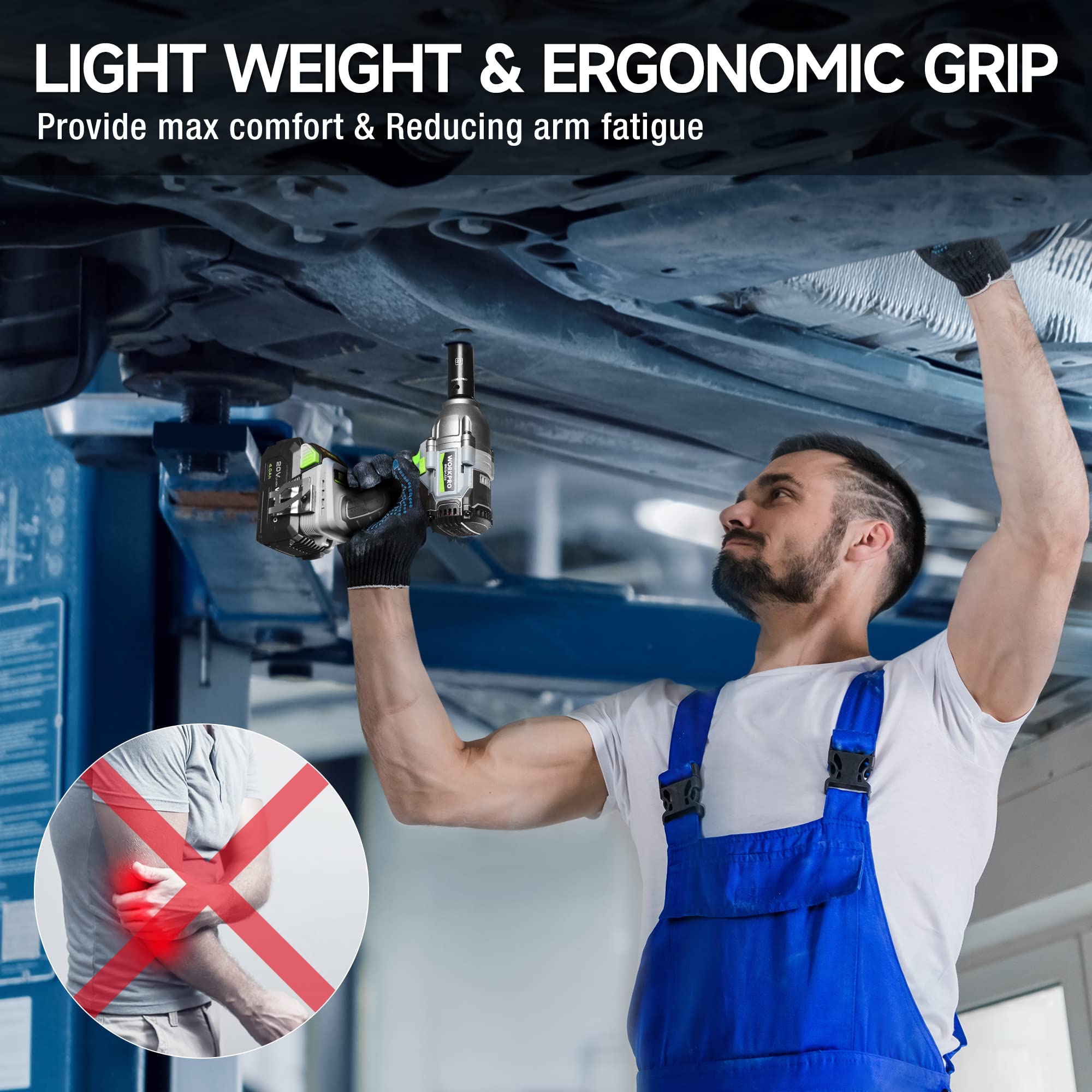 WORKPRO Cordless Impact Wrench 1/2 inch, 20V Brushless Impact Gun, High Torque 370 Ft-Lbs (500N.M), Variable Speeds, with 4.0 Ah Battery, Fast Charger, 4 Impact Sockets and Storage Case