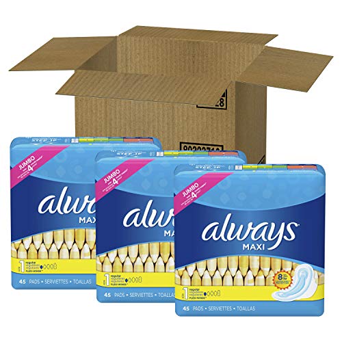 Always Maxi Feminine Pads for Women, Size 1 Regular Absorbency, Multipack, with Wings, with Flexfoam, Unscented, 45 Count x 3 Packs (135 Count total)