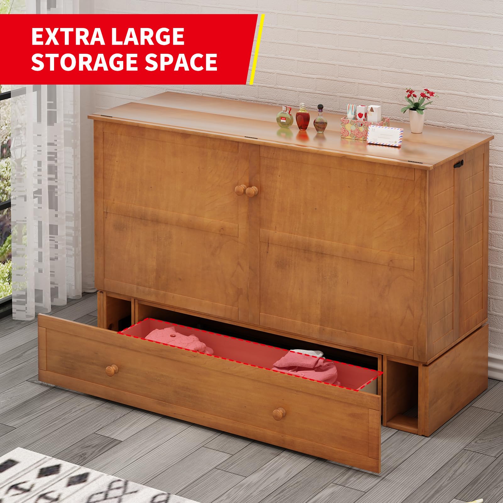 MUZZ Queen Size Cabinet Murphy Bed, Murphy Bed with Foldable Foam Mattress, Space-Saving Cube Murphy Bed with Charging Station and Large Storage Drawer (Cherry)