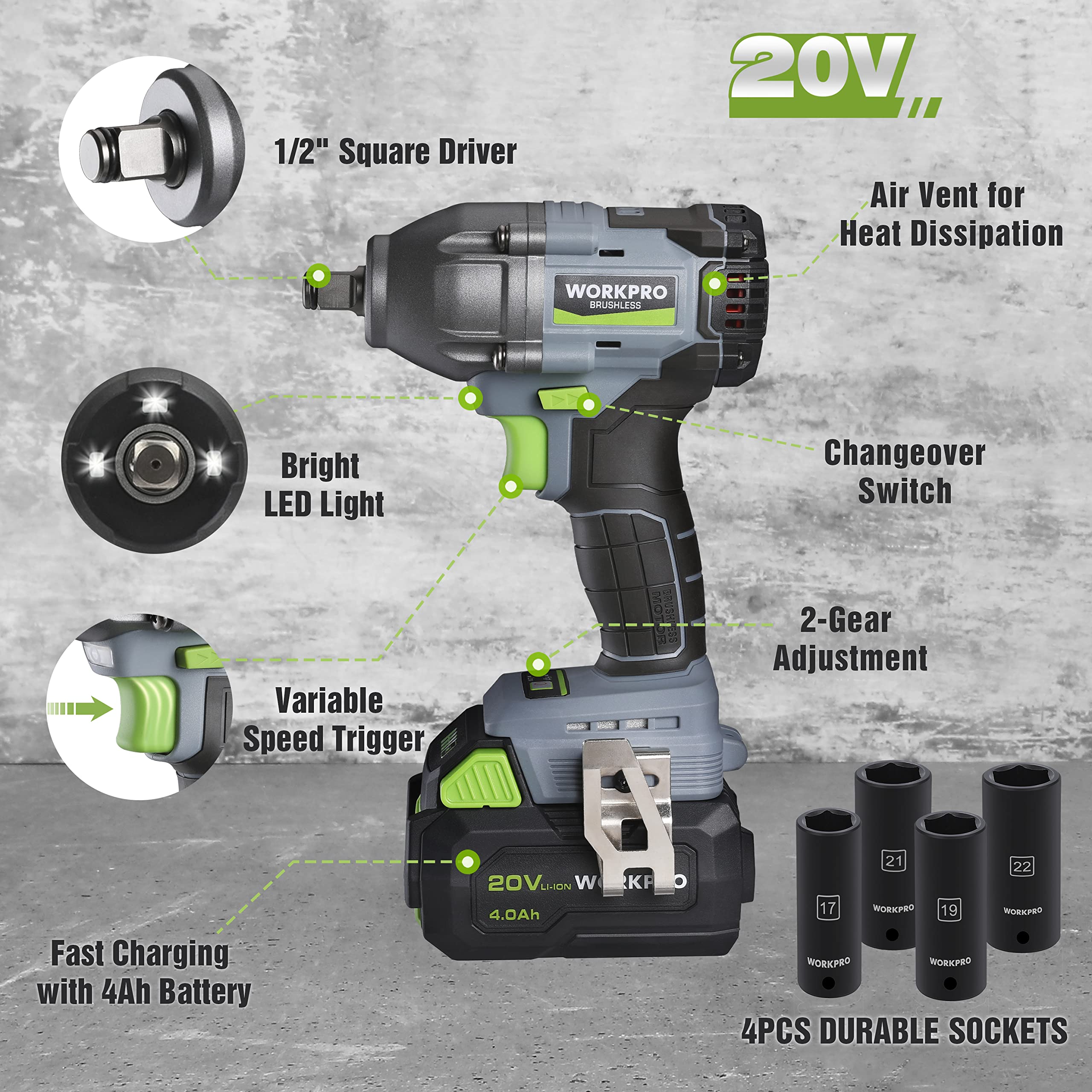 WORKPRO Cordless Impact Wrench 1/2 inch, 20V Brushless Impact Gun, High Torque 370 Ft-Lbs (500N.M), Variable Speeds, with 4.0 Ah Battery, Fast Charger, 4 Impact Sockets and Storage Case