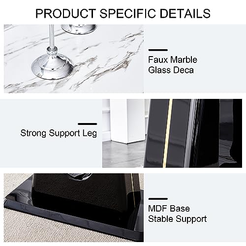 Luxurious Dining Table Set for 4, 63'' White Imitation Marble Tabletop with MDF U-Shaped Legs, Rectangle Glass Kitchen Table with 4 pcs White Leather Dining Chairs for Home Living Room