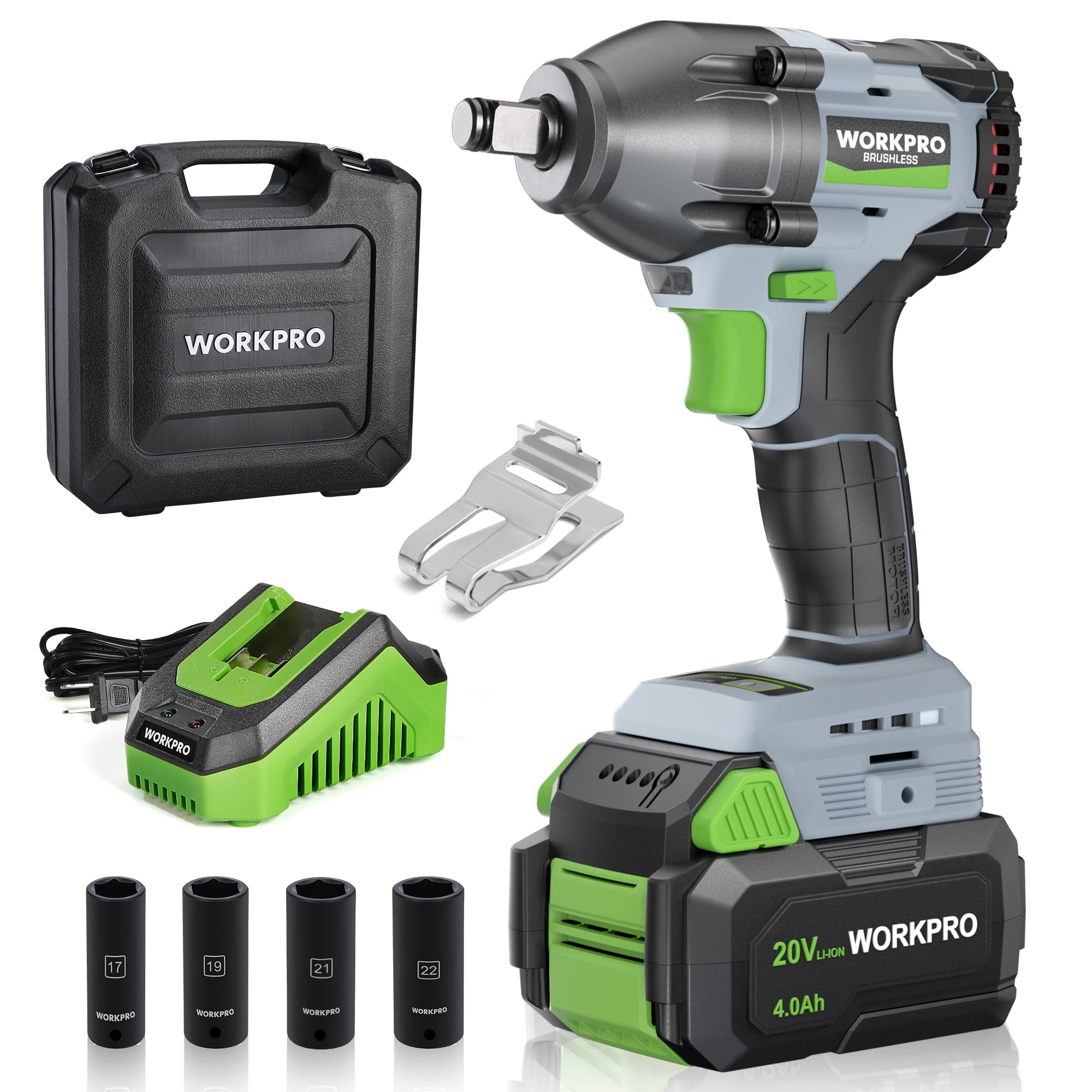 WORKPRO Cordless Impact Wrench 1/2 inch, 20V Brushless Impact Gun, High Torque 370 Ft-Lbs (500N.M), Variable Speeds, with 4.0 Ah Battery, Fast Charger, 4 Impact Sockets and Storage Case