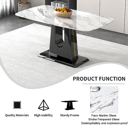 Luxurious Dining Table Set for 4, 63'' White Imitation Marble Tabletop with MDF U-Shaped Legs, Rectangle Glass Kitchen Table with 4 pcs White Leather Dining Chairs for Home Living Room