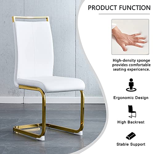 Luxurious Dining Table Set for 4, 63'' White Imitation Marble Tabletop with MDF U-Shaped Legs, Rectangle Glass Kitchen Table with 4 pcs White Leather Dining Chairs for Home Living Room