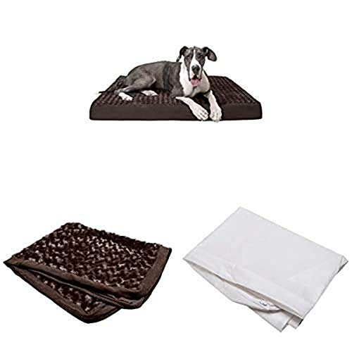 Furhaven Pet Bundle - Jumbo Plus Chocolate Deluxe Orthopedic Ultra Plush Faux Fur Mattress, Extra Dog Bed Cover, & Water-Resistant Mattress Liner for Dogs & Cats