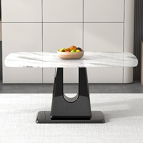 Luxurious Dining Table Set for 4, 63'' White Imitation Marble Tabletop with MDF U-Shaped Legs, Rectangle Glass Kitchen Table with 4 pcs White Leather Dining Chairs for Home Living Room