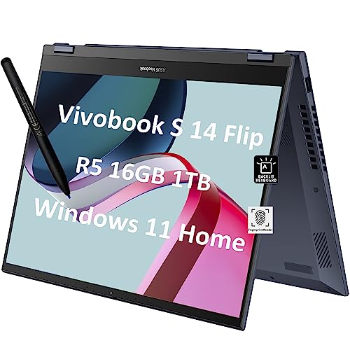 ASUS Vivobook S 14 Flip 2-in-1 Business Laptop (14" FHD+ 16:10 Touchscreen, 16GB RAM, 1TB SSD, AMD 6-Core Ryzen 5 5600H (> i7-1165G7), Active Pen), Backlit, FP, FHD Webcam, Win 11 Home, Quiet Blue