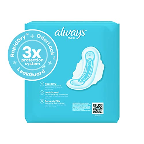 Always Maxi Feminine Pads for Women, Size 1 Regular Absorbency, Multipack, with Wings, with Flexfoam, Unscented, 45 Count x 3 Packs (135 Count total)
