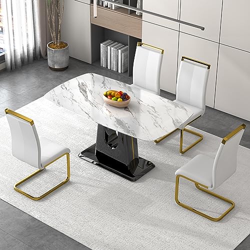 Luxurious Dining Table Set for 4, 63'' White Imitation Marble Tabletop with MDF U-Shaped Legs, Rectangle Glass Kitchen Table with 4 pcs White Leather Dining Chairs for Home Living Room