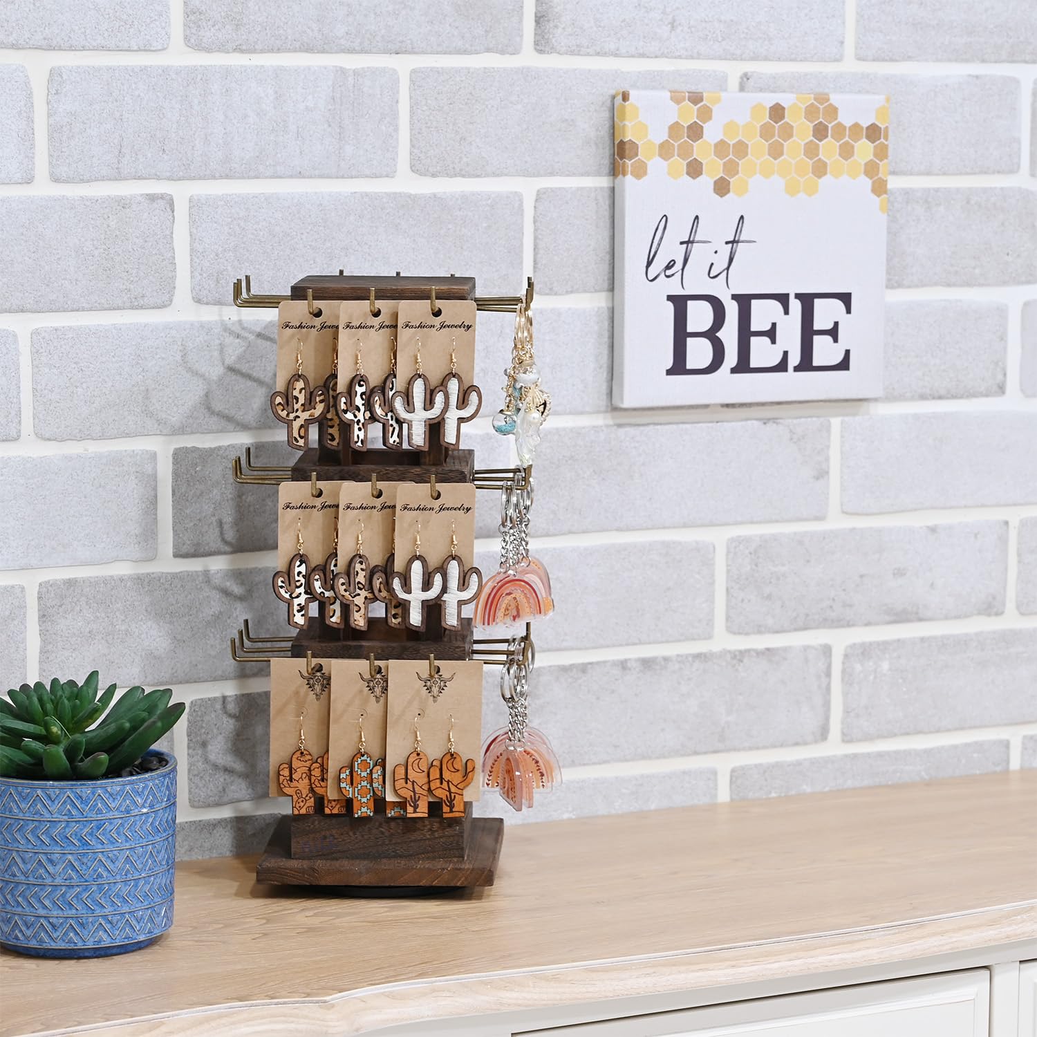 Ikee Design Elegant Wooden Rotating Jewelry Tower, 36 Hooks for Earrings, Bracelets, and Keychains, Versatile Countertop Rack for Store, Tradeshow, and Home, Brown Color