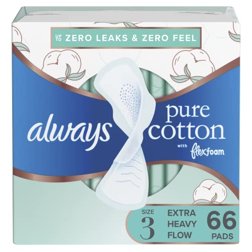 Always Pure Cotton Feminine Pads for Women, Size 3, Extra Heavy Flow, with wings, Unscented, Free of Dyes, Fragrances, and Chlorine Bleaching, 22 Count x 3 Packs (66 Count total)