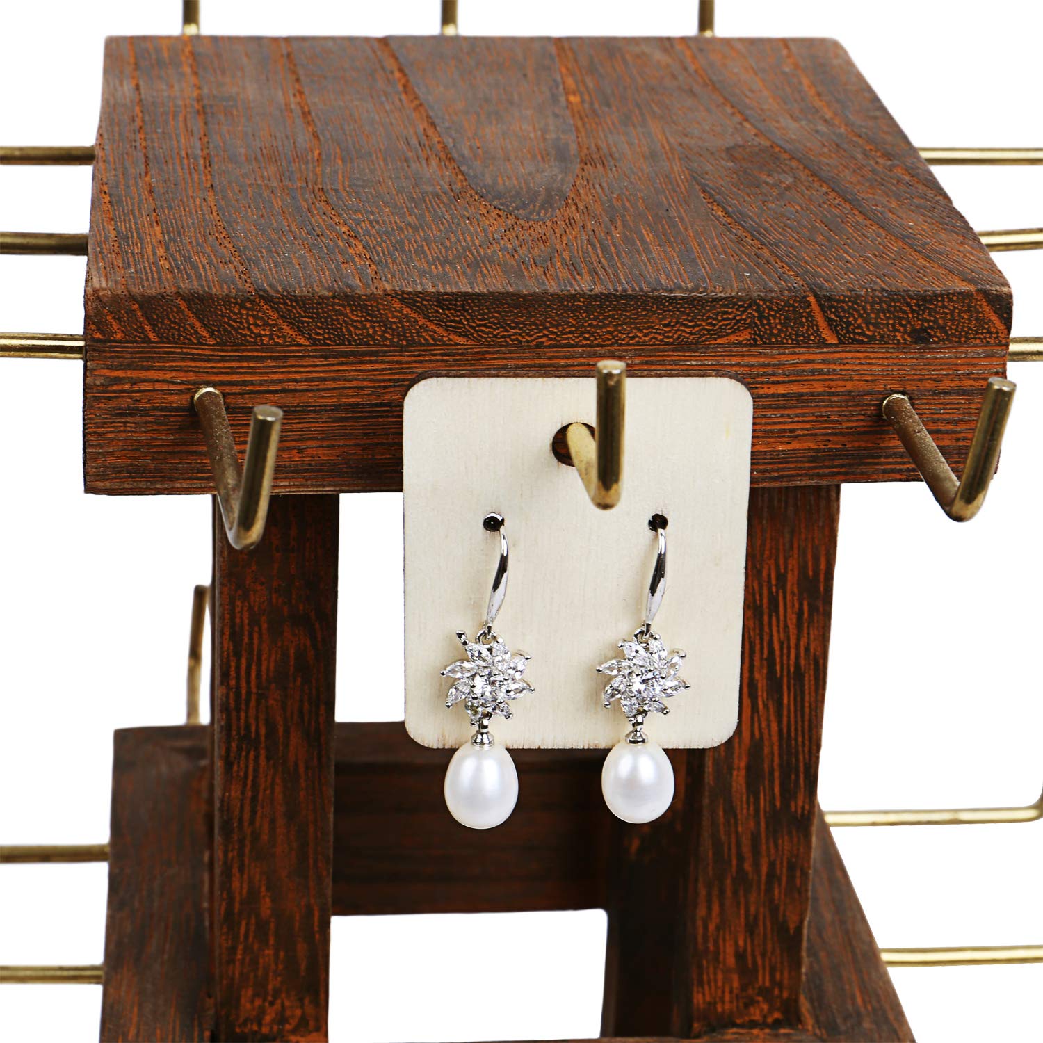 Ikee Design Elegant Wooden Rotating Jewelry Tower, 36 Hooks for Earrings, Bracelets, and Keychains, Versatile Countertop Rack for Store, Tradeshow, and Home, Brown Color