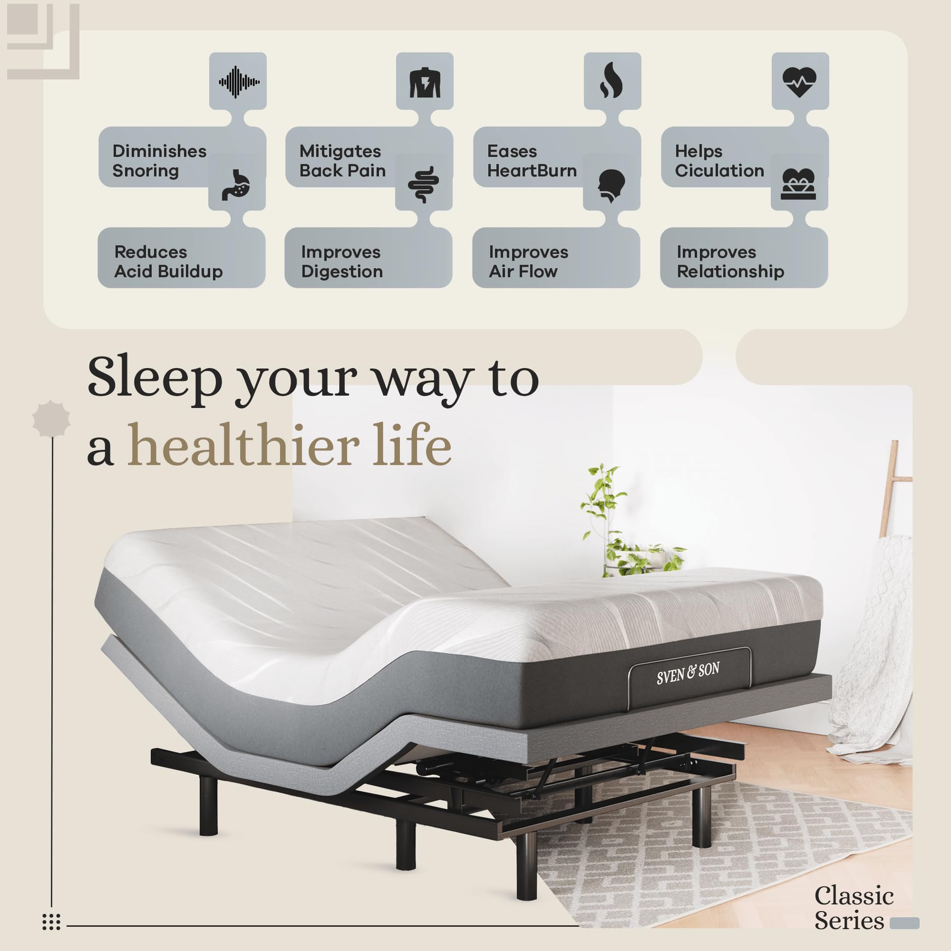 Sven & Son Classic Adjustable Bed Base, Head and Foot Lift, Massage, Under-Bed Lights, USB, Gel Memory, Zero Gravity Smart Frame - Queen + 10 inch Memory Foam Matt (Firm)