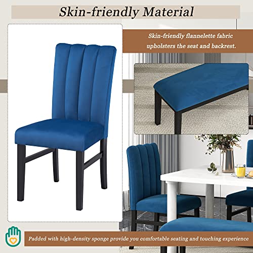 Goozio 6-Piece Dining Table Set with Marble Veneer Tabletop, 4 Flannelette Upholstered Chairs and 1 Bench for Kitchen, White+Blue, OneSize