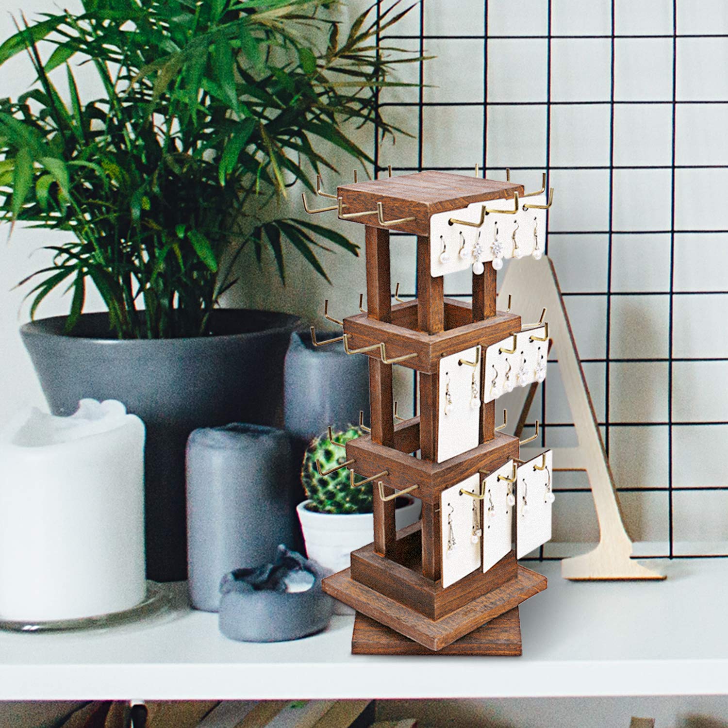 Ikee Design Elegant Wooden Rotating Jewelry Tower, 36 Hooks for Earrings, Bracelets, and Keychains, Versatile Countertop Rack for Store, Tradeshow, and Home, Brown Color