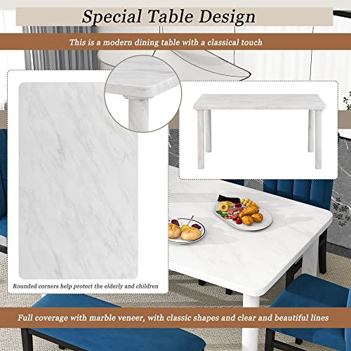 Goozio 6-Piece Dining Table Set with Marble Veneer Tabletop, 4 Flannelette Upholstered Chairs and 1 Bench for Kitchen, White+Blue, OneSize