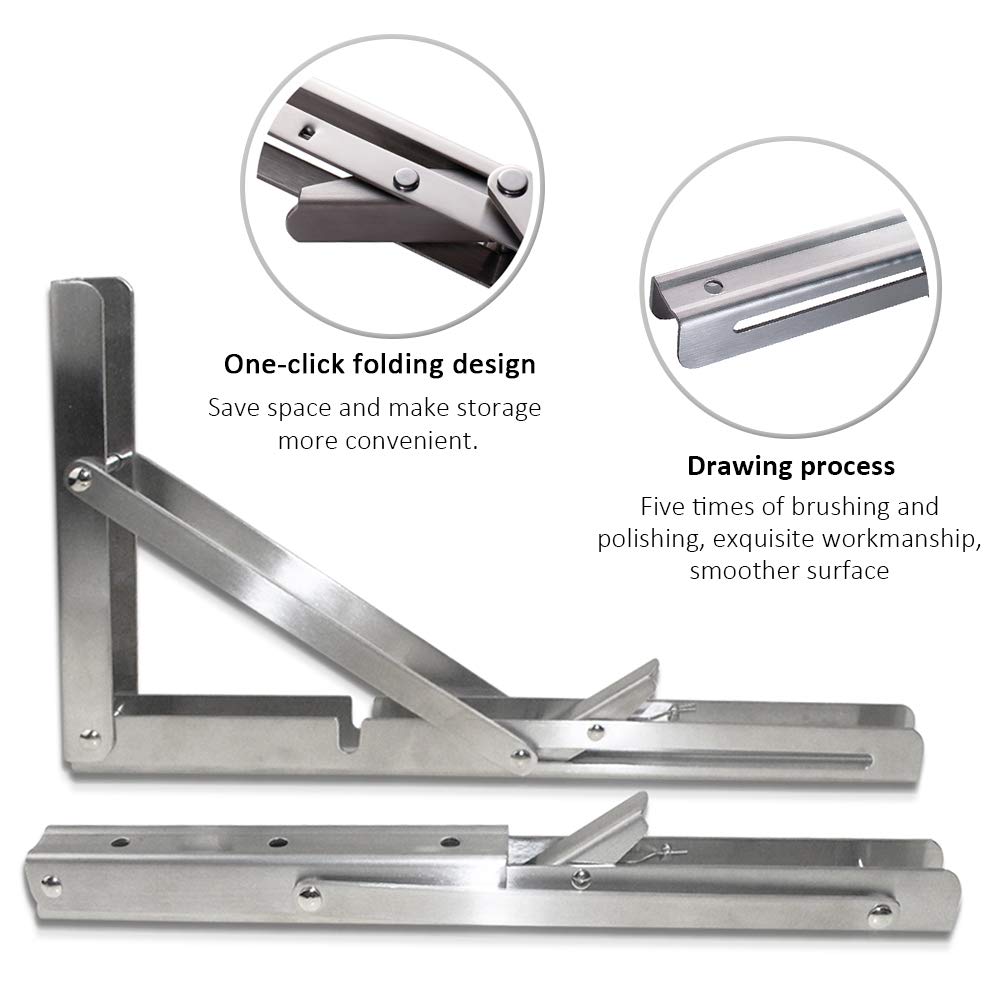 Storystore Folding Shelf Brackets - Heavy Duty Stainless Steel Collapsible Shelf Bracket for Bench Table, Space Saving DIY Bracket, Max Load: 550lb (Long :12” , 2 PCS)